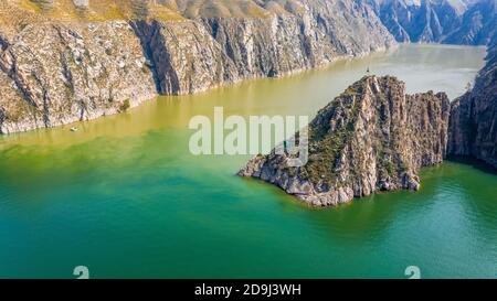 --File--Aerial view of the light green and dark green colors formed at ...