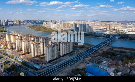 An aerial view of the landscape of Baishan Bridge under construction in ...