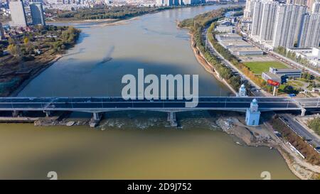 An aerial view of the landscape of Baishan Bridge under construction in ...