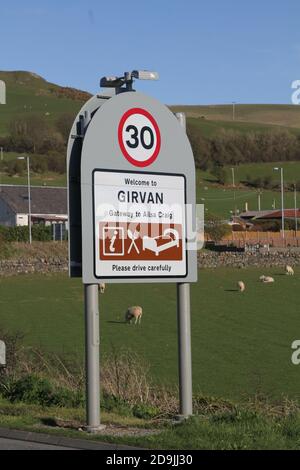 Girvan, Ayrshire, Scotland, UK. Welcome to Girvan sign on the A77 with ...