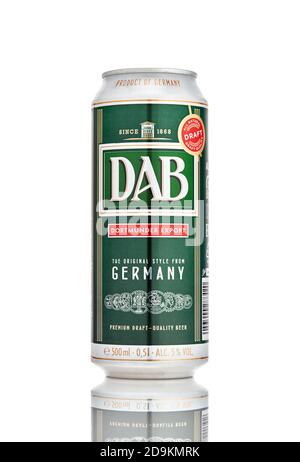 DAB beer isolated on white background. Dortmunder Actien Brauerei is a ...