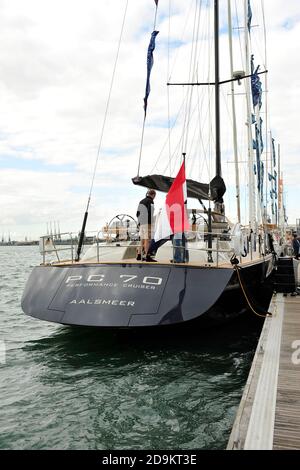 Sailing yacht on marina pontoon mooring - River Hamble, Southampton ...