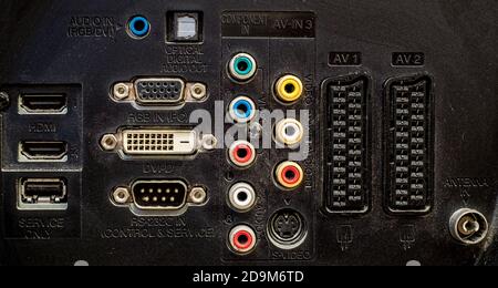 old input output panel on the back of the old television covered with ...