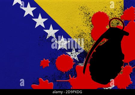Bosnia and Herzegovina flag and MK2 frag grenade in red blood. Concept ...
