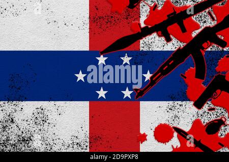 Netherlands flag and various weapons in red blood. Concept for terror ...