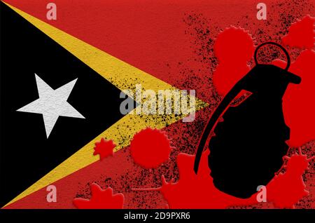 Timor Leste flag and MK2 frag grenade in red blood. Concept for terror ...