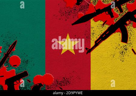 Cameroon flag and various weapons in red blood. Concept for terror ...