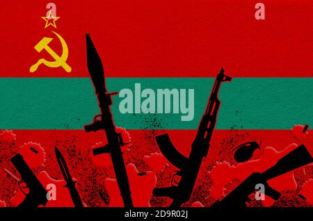 Transnistria flag and various weapons in red blood. Concept for terror ...