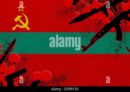 Transnistria flag and various weapons in red blood. Concept for terror ...