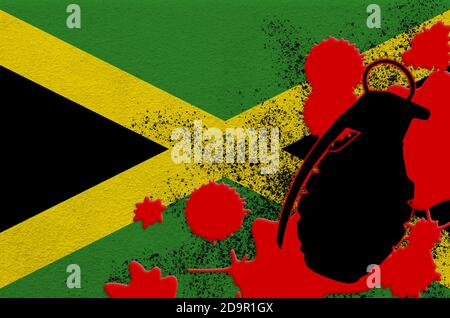 Jamaica flag and MK2 frag grenade in red blood. Concept for terror ...