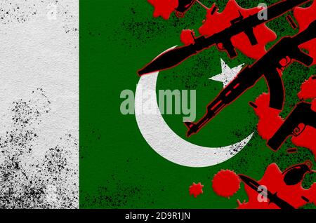 Pakistan flag and various weapons in red blood. Concept for terror ...
