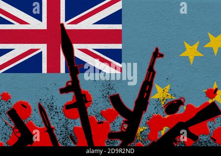 Tuvalu flag and various weapons in red blood. Concept for terror attack ...