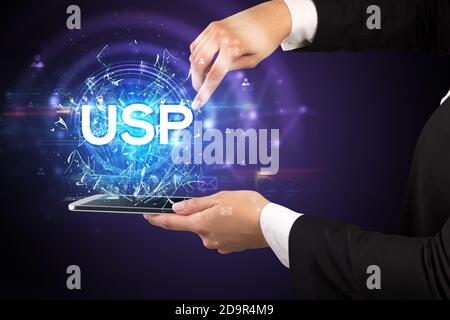 Close-up of a touchscreen with USP abbreviation, modern technology ...