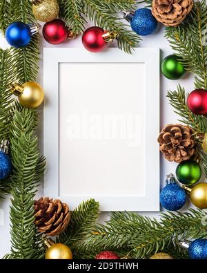 Christmas decorations with mock up greetings card and gift on white ...