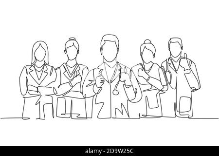 One line drawing of groups of young male and female doctors giving ...