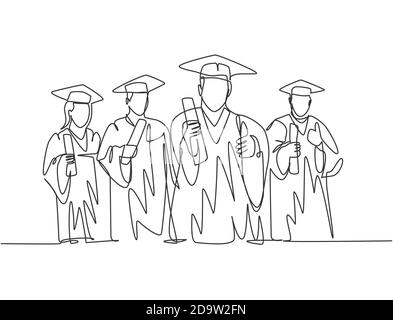One line drawing group of graduate male and female college student ...