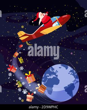 Santa Flying speed airplane retro vintage. Vector isolated cartoon style Stock Vector Image ...
