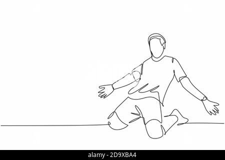 One single line drawing of sporty young football player celebrating his ...