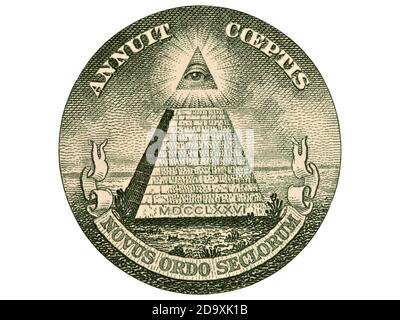 Pyramid with eye on one dollar bill cut out macro. Mason sing symbol ...