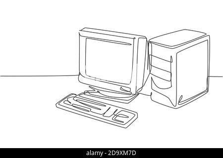 Retro personal computer continuous one line drawing with colours. Vintage cpu with analog ...