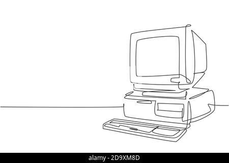 Retro personal computer continuous one line drawing with colours ...