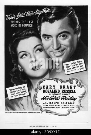 CARY GRANT and ROSALIND RUSSELL in HIS GIRL FRIDAY 1940 director HOWARD ...