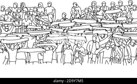 crowd of sport fan on stadium holding scalf vector illustration sketch ...