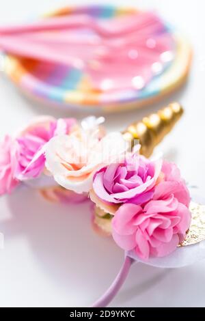 Objects for unicorn themed kids birthday party Stock Photo - Alamy