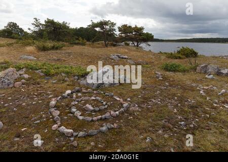 Stone path maze in turf grass lawn at private garden, England Stock ...
