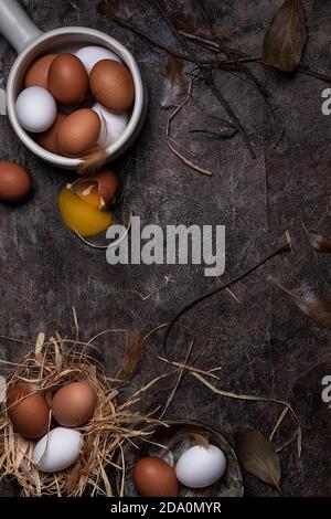 Fresh brown chicken eggs arranged in cardboard carton tray on light ...