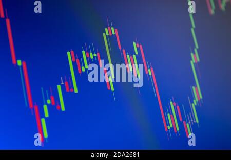 Tilted Red and Green Stock Chart or Forex Chart and Table Line on Blue ...