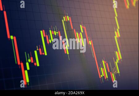 Tilted Red and Green Stock Chart or Forex Chart and Table Line on Black ...