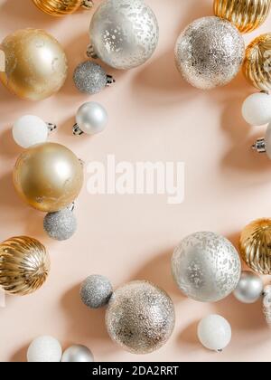 Composition with different Christmas balls on light background, closeup ...