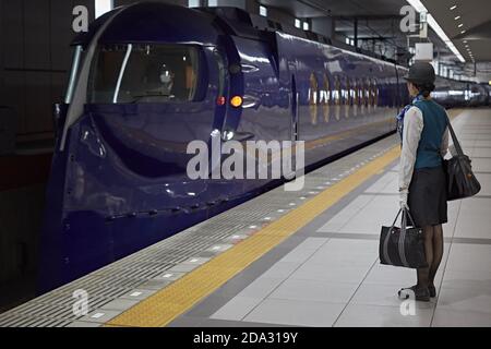 A Nankai 50000 series or Rapi:t train at a station in Osaka. This unusual looking train provides ...