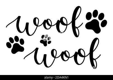 Woof word with paw marks hand drawn lettering ink in black vector ...