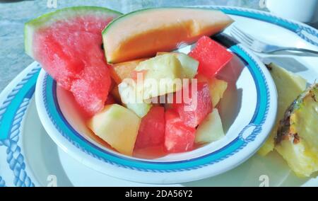 Healthy breakfast melon chunks Stock Photo - Alamy