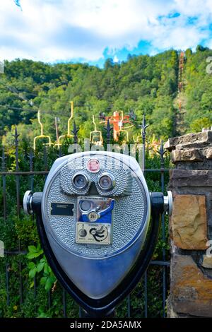 A coin operated tower viewer allows views of the Gatlinburg Sky Lift ...