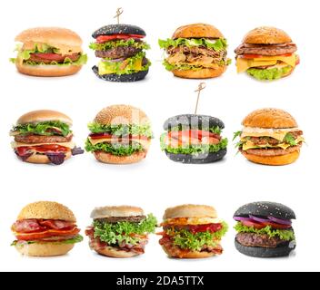 Fast food food. Food collage of various burgers. Creative layout mode ...