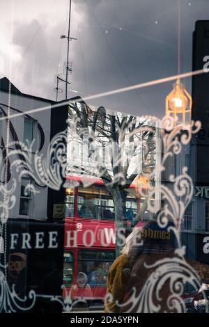 Reflection of London through a pub window Stock Photo - Alamy