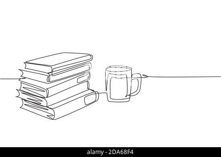 Simple single line drawing of books on the table. Line art design for ...