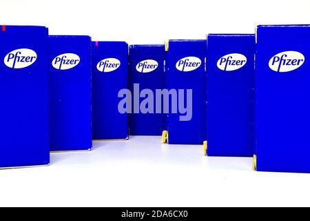 Pfizer logo on the medicine boxes. Pfizer inc. is an American ...
