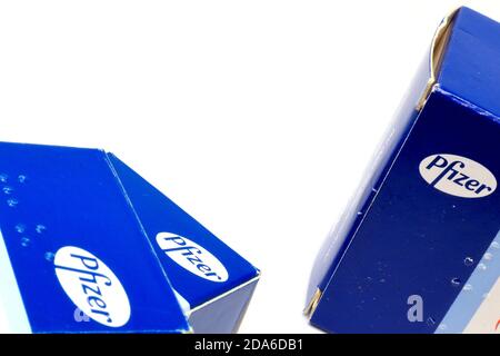 Pfizer logo on the medicine boxes. Pfizer inc. is an American ...