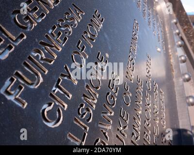 Spirit of Barrow sculpture by Wendy Taylor showing the names of ships ...