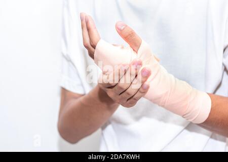 gauze bandage patient with hand wrap injury isolated on white ...