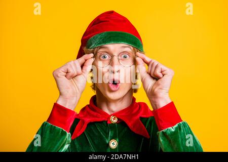 Photo of amazed elf guy hold spoon fork x-mas christmas party feast ...