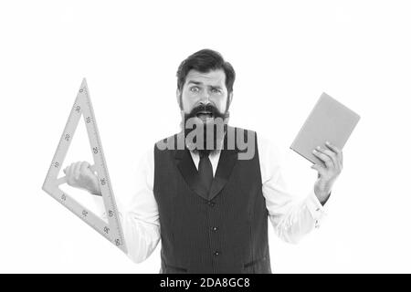 Geometric drawing. Technical drawing teacher isolated on white. Bearded ...