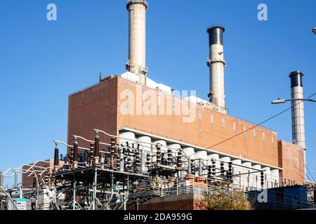 View of Con Ed steam chimney stack / vent in New York with the Empire ...