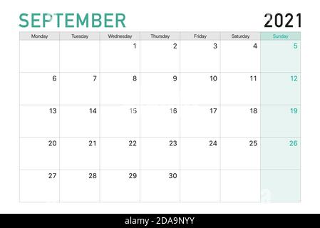 Template of calendar for September 2021. Week starts Sunday. Isolated ...