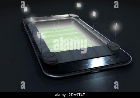 A digital to physical concept showing a smartphone with a floodlit ...