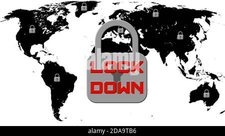 LOCK DOWN - red lettering with black closed padlock including virus ...